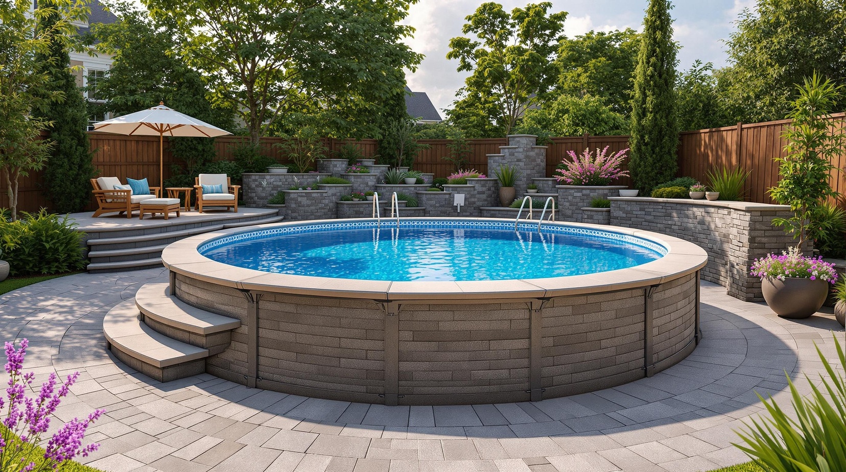 Stylish Above Ground Pool Design with Cozy Landscaping Setup ...